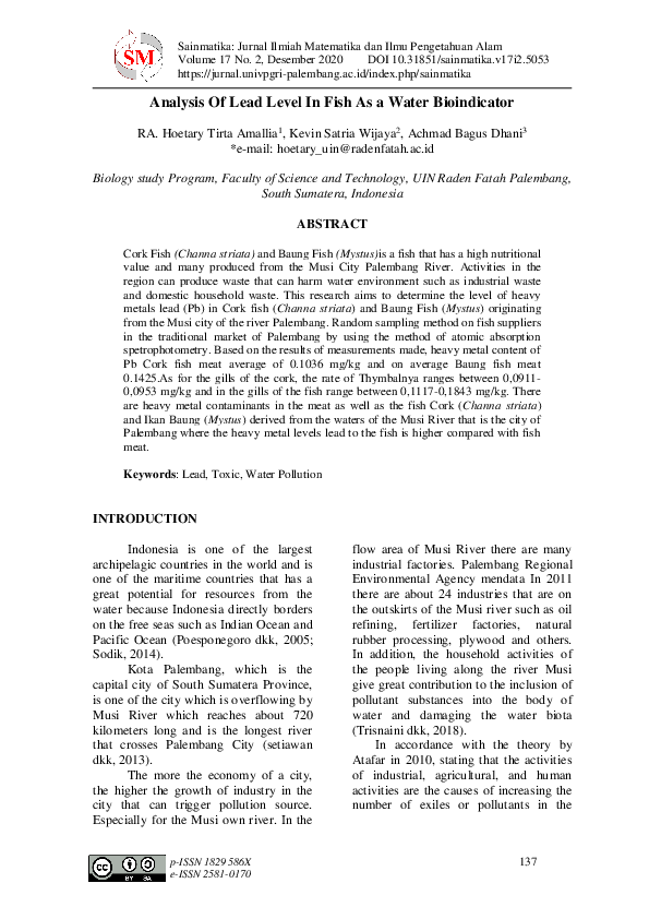 (PDF) Analysis Of Lead Level In Fish As a Water Bioindicator
