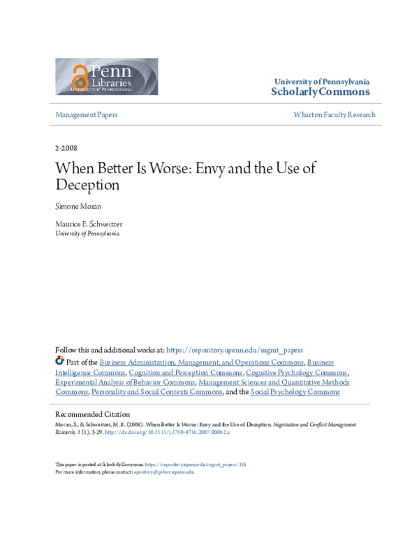 (PDF) When Better is Worse: Envy and the Use of Deception in Negotiations