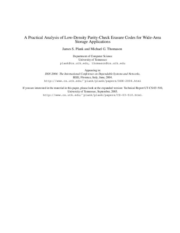 (PDF) A Practical Analysis of Low-Density Parity-Check Erasure Codes for Wide-Area Storage ...