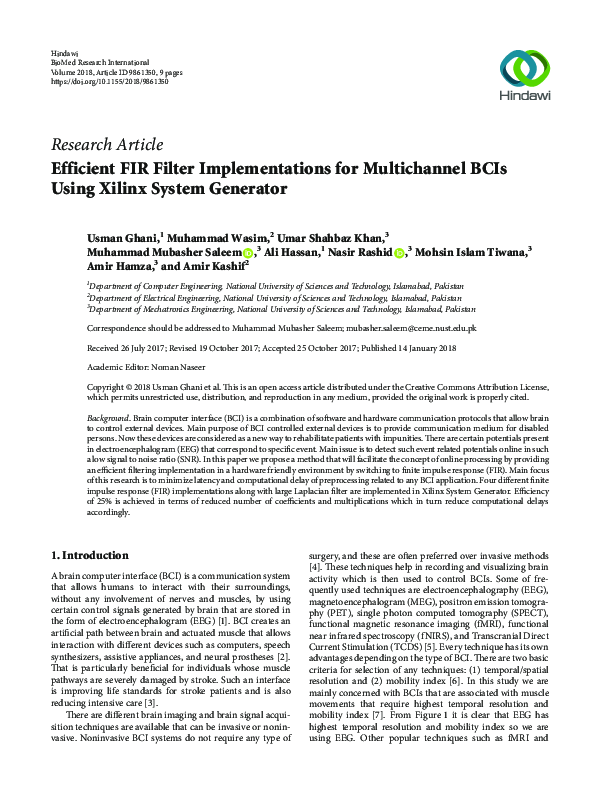 (PDF) Efficient FIR Filter Implementations for Multichannel BCIs Using Xilinx System Generator