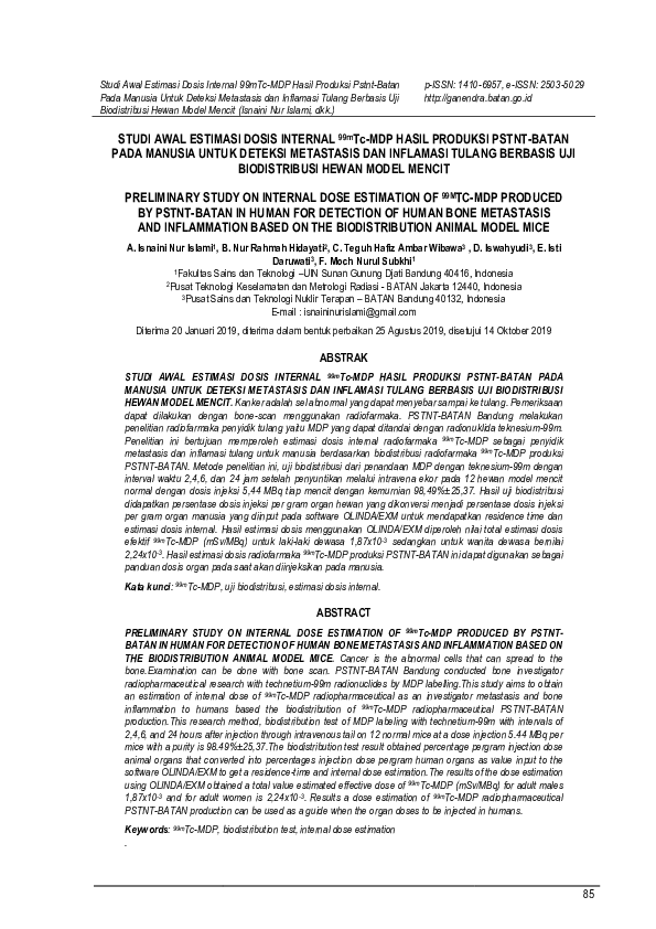 (PDF) STUDI AWAL ESTIMASI DOSIS INTERNAL 99mTc-MDP HASIL PRODUKSI PSTNT ...