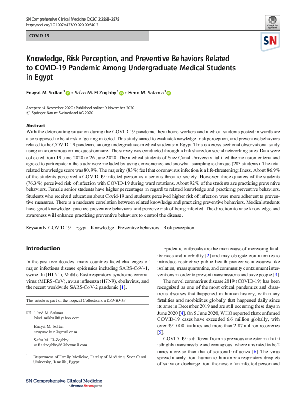 (PDF) Knowledge, Risk Perception, and Preventive Behaviors Related to COVID-19 Pandemic Among ...