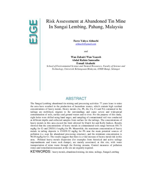 (PDF) Risk assessment at abandoned tin mine in Sungai Lembing, Pahang ...