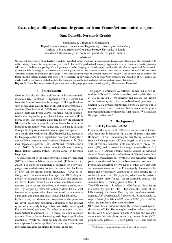 (PDF) Extracting a bilingual semantic grammar from FrameNet-annotated corpora