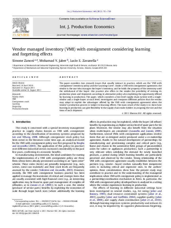 (PDF) Vendor managed inventory (VMI) with consignment considering ...
