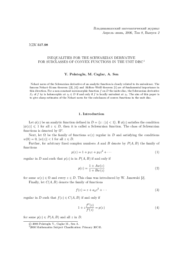 Pdf Inequalities For The Schwarzian Derivative For Subclasses Of Convex Functions In The Unit Disc