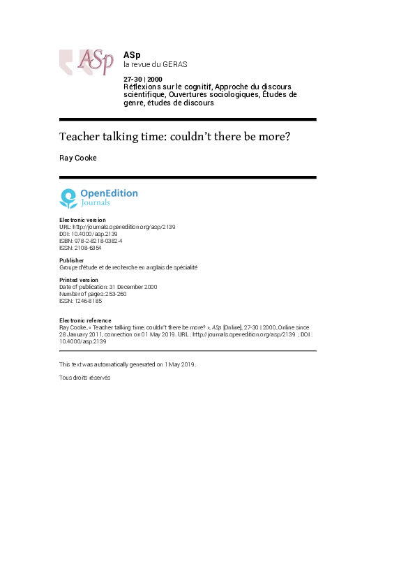 (PDF) Teacher talking time: couldn’t there be more?