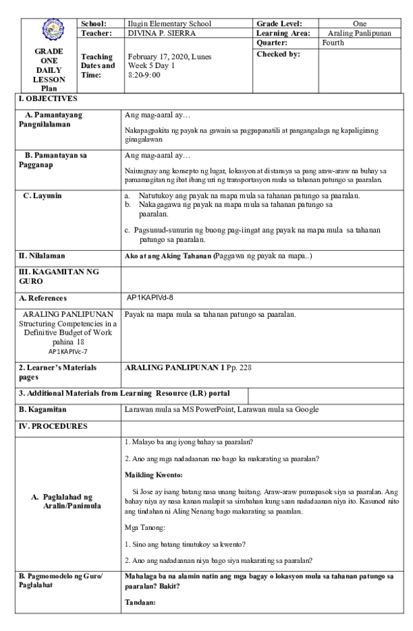 (DOC) GRADE ONE DAILY LESSON Plan School: Ilugin Elementary School ...