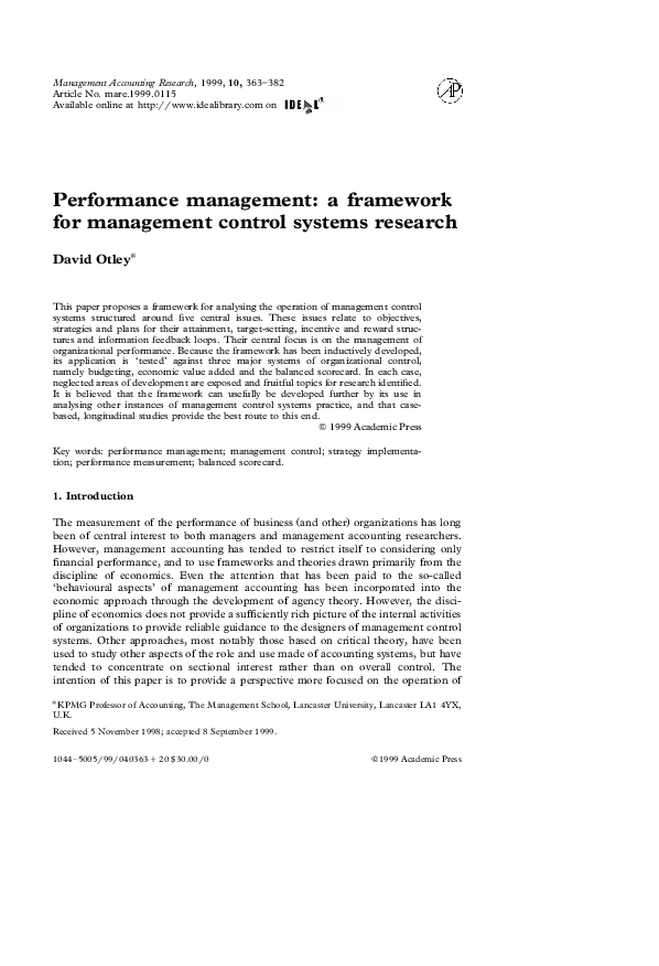 (PDF) Performance Management: A Framework for Analysis
