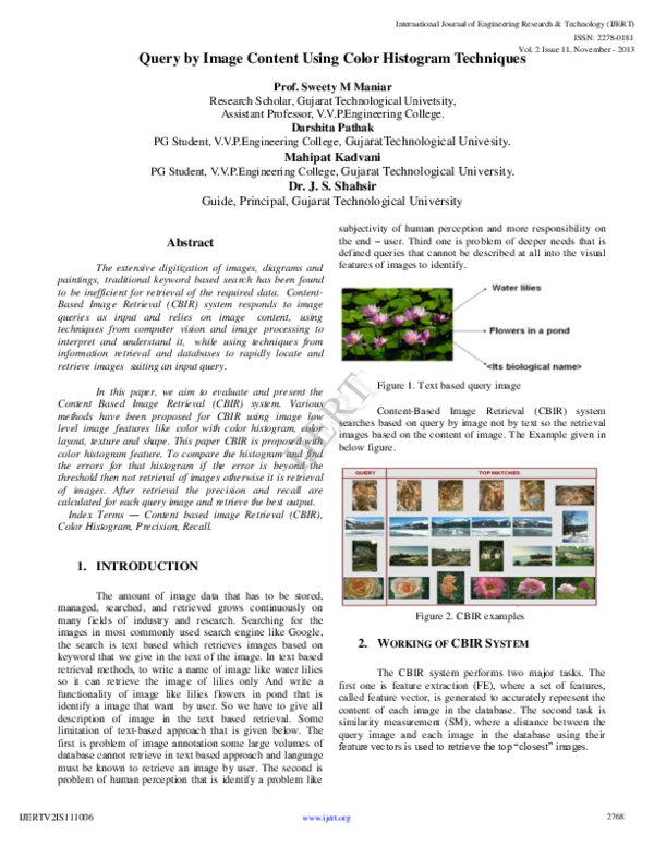 Pdf Query By Image Content Using Color Histogram Techniques