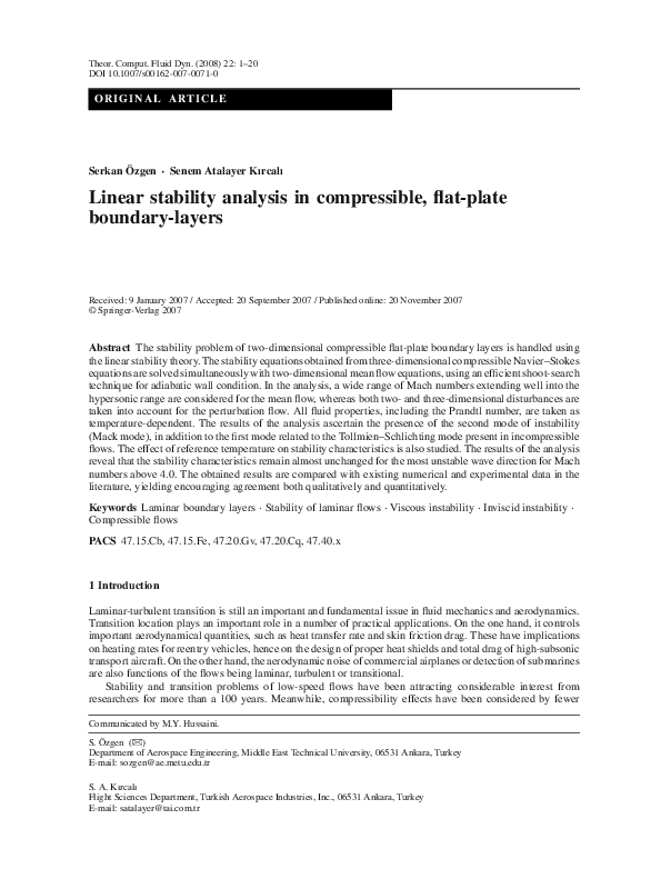 (PDF) Linear stability analysis in compressible, flat-plate boundary-layers