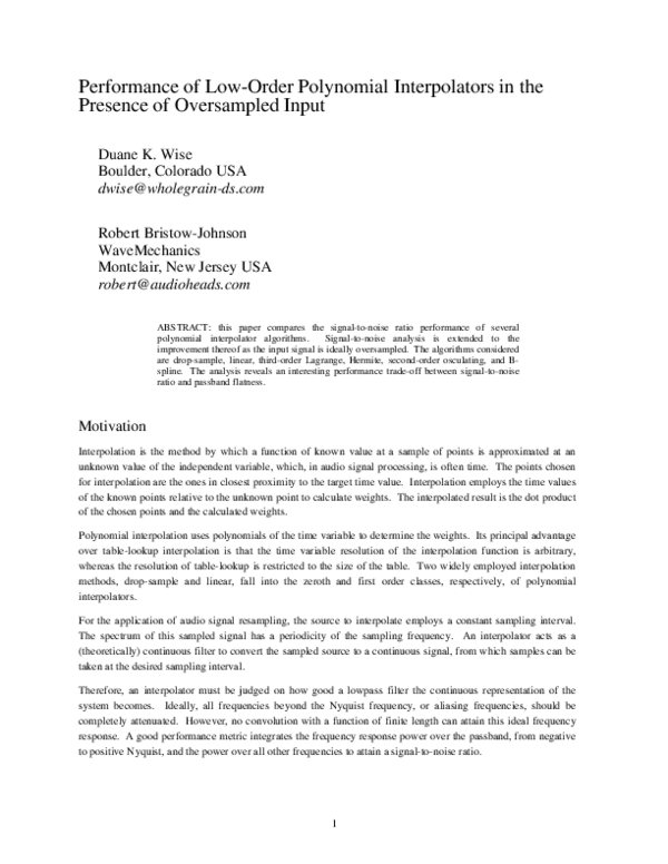 (PDF) Performance of Low-Order Polynomial Interpolators in the Presence of Oversampled Input