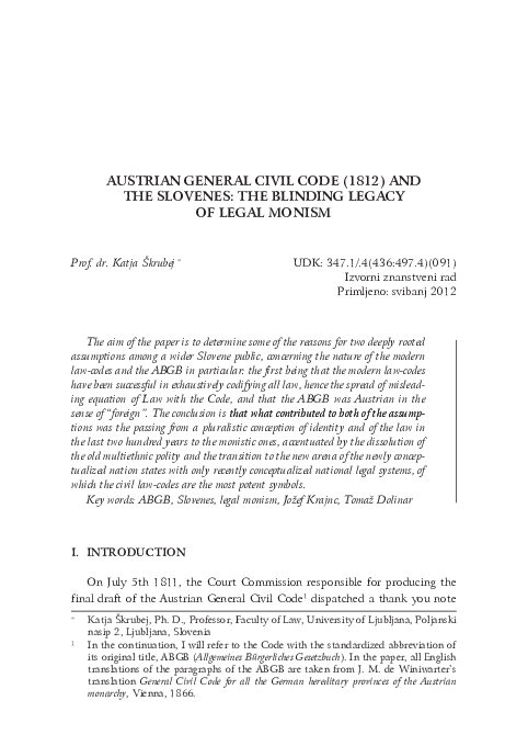Austrian General Civil Code (1812) and the Slovenes: the Blinding ...