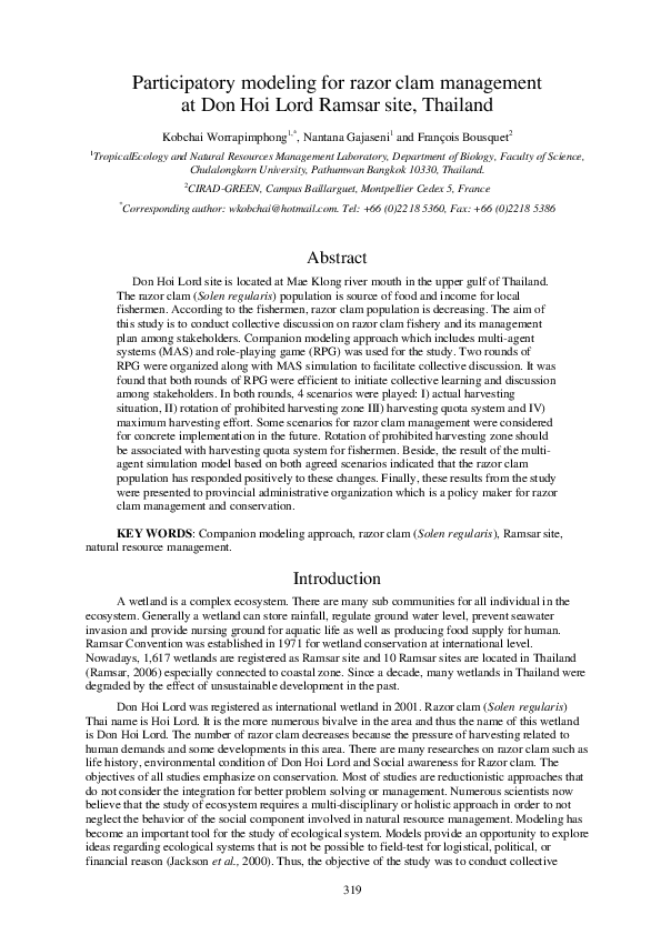 (PDF) Participatory modeling for razor clam management at Don Hoi Lord Ramsar site, Thailand