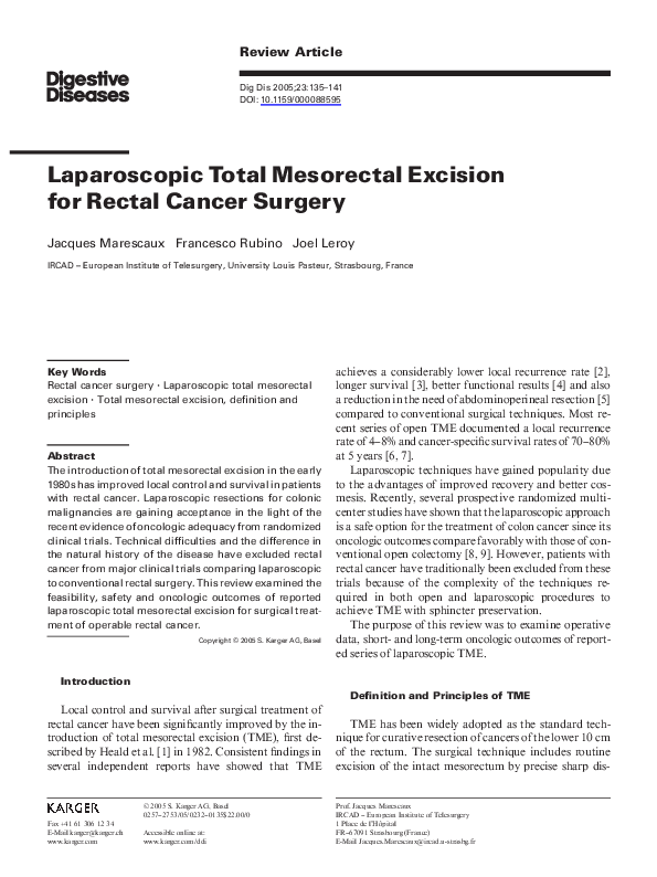 (PDF) Laparoscopic total mesorectal excision for rectal cancer ...