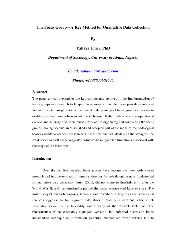(PDF) The Focus Group -A Key Method for Qualitative Data Collection