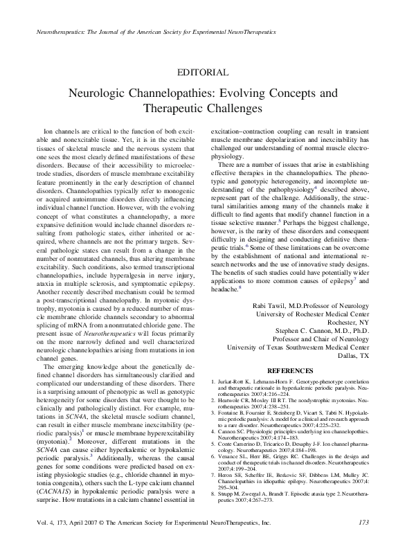 (PDF) Neurologic channelopathies: Evolving concepts and therapeutic ...