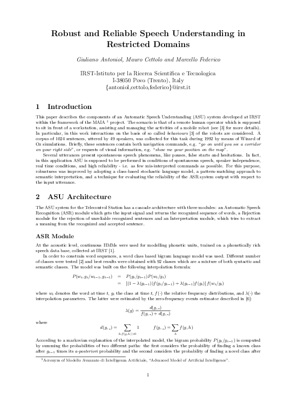 (PDF) Robust and Reliable Speech Understanding in Restricted Domains