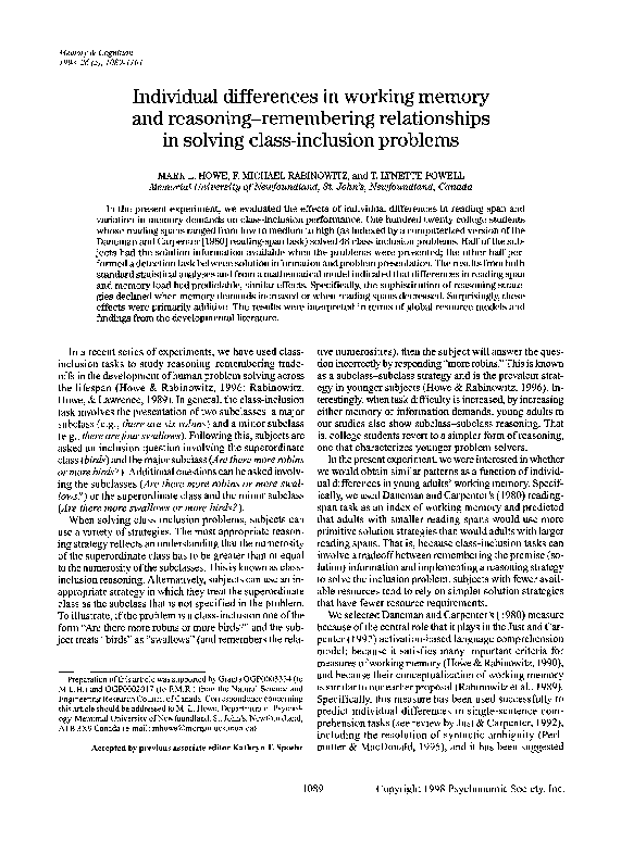 (PDF) Individual differences in working memory and reading