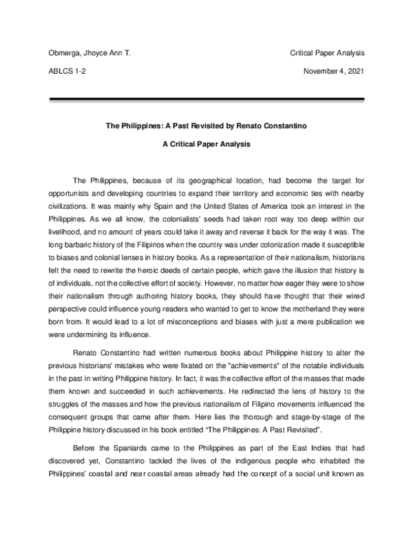 (PDF) The Philippines: A Past Revisited by Renato Constantino ...