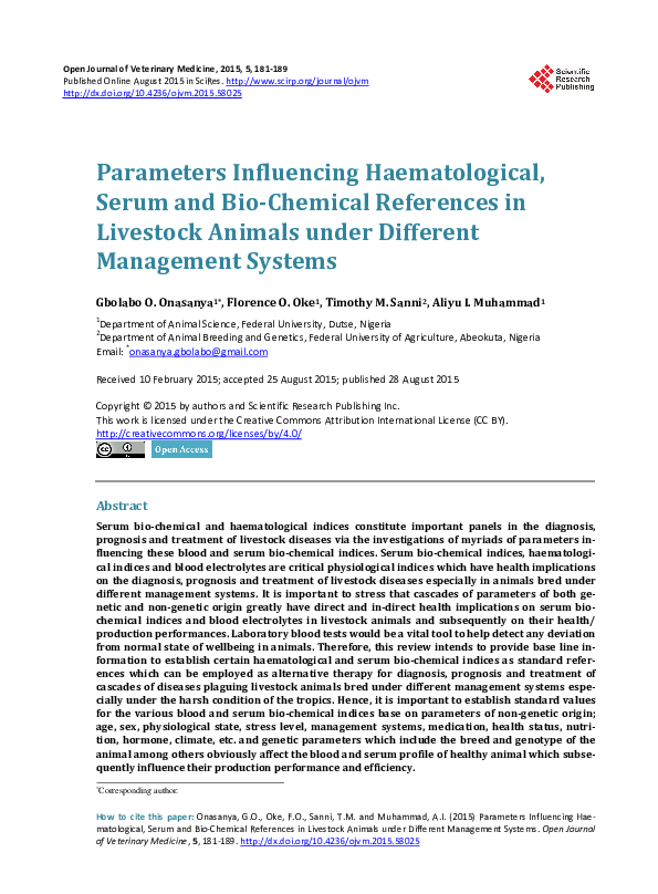 (PDF) Parameters Influencing Haematological, Serum and Bio-Chemical References in Livestock ...
