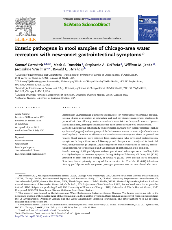 (PDF) Enteric pathogens in stool samples of Chicago-area water ...