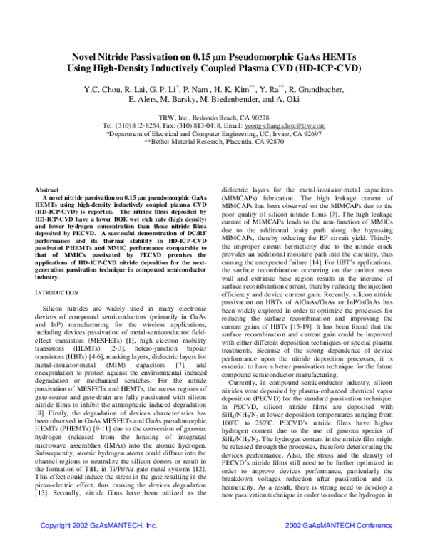(PDF) Novel Nitride Passivation on 0.15 Pm Pseudomorphic GaAs HEMTs Using High-Density ...