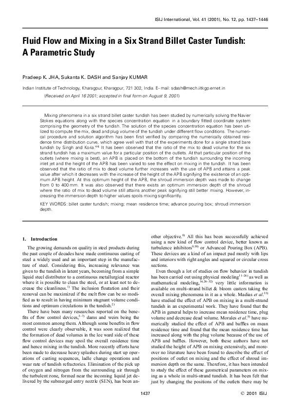(PDF) Fluid Flow and Mixing in a Six Strand Billet Caster Tundish: A ...