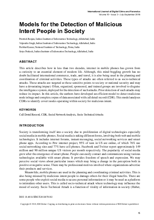 (PDF) Models for the Detection of Malicious Intent People in Society