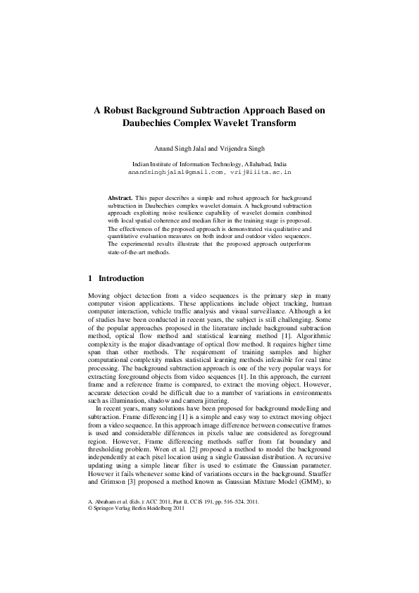 Pdf A Robust Background Subtraction Approach Based On Daubechies Complex Wavelet Transform