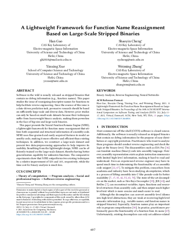 (PDF) A lightweight framework for function name reassignment based on large-scale stripped binaries