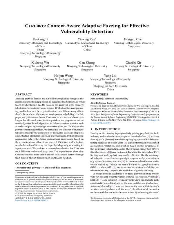 Pdf Cerebro Context Aware Adaptive Fuzzing For Effective Vulnerability Detection Yinxing