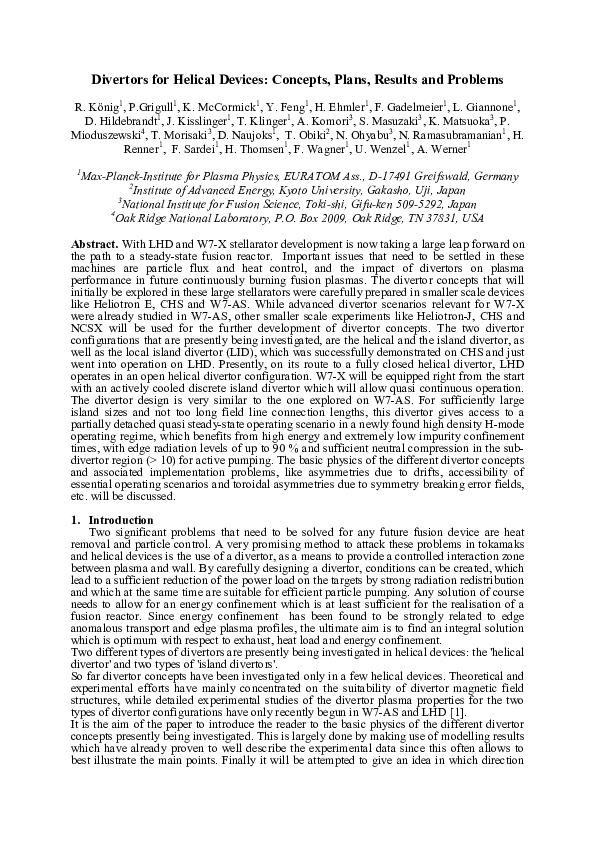 (PDF) Divertors for Helical Devices: Concepts, Plans, Results, and Problems
