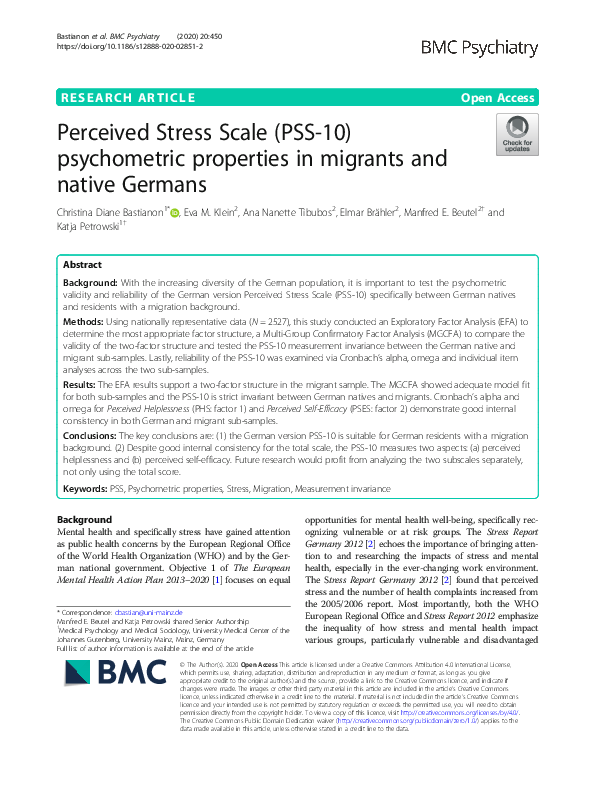 (PDF) Perceived Stress Scale (PSS-10) psychometric properties in ...