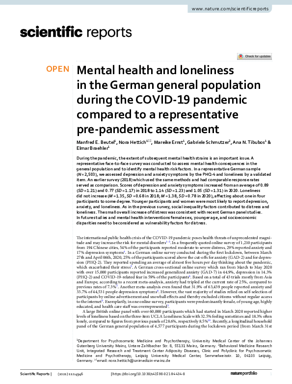 (PDF) Mental health and loneliness in the German general population ...
