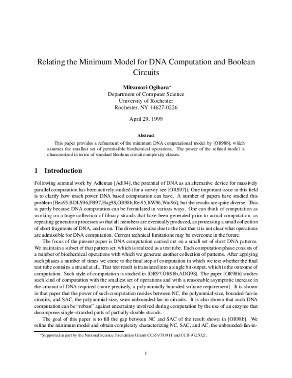 (PDF) Relating the minimum model for DNA computation and Boolean circuits