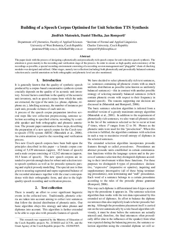 (PDF) Building of a speech corpus optimised for unit selection TTS synthesis