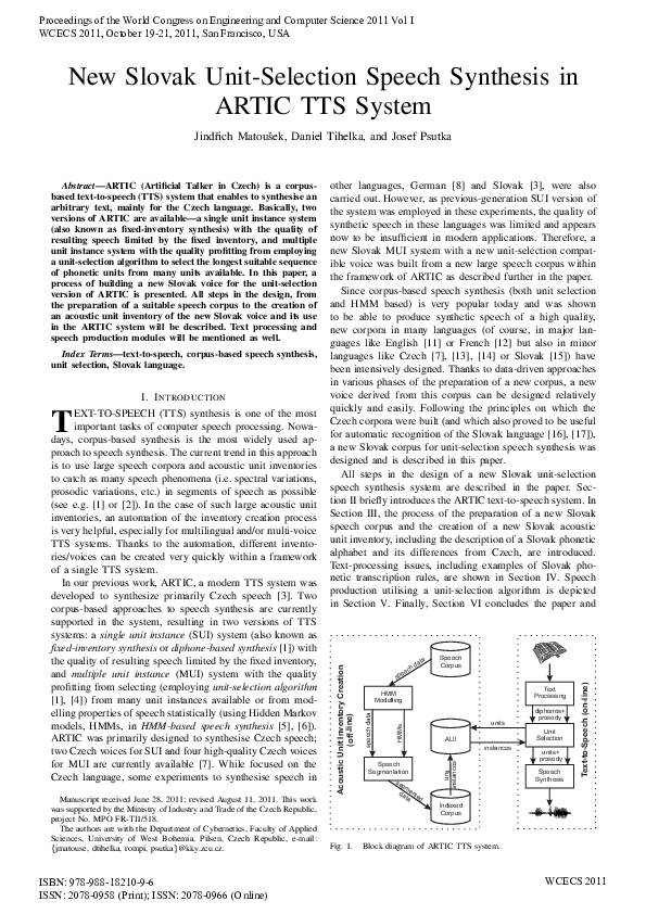 (PDF) New Slovak Unit-Selection Speech Synthesis in ARTIC TTS System