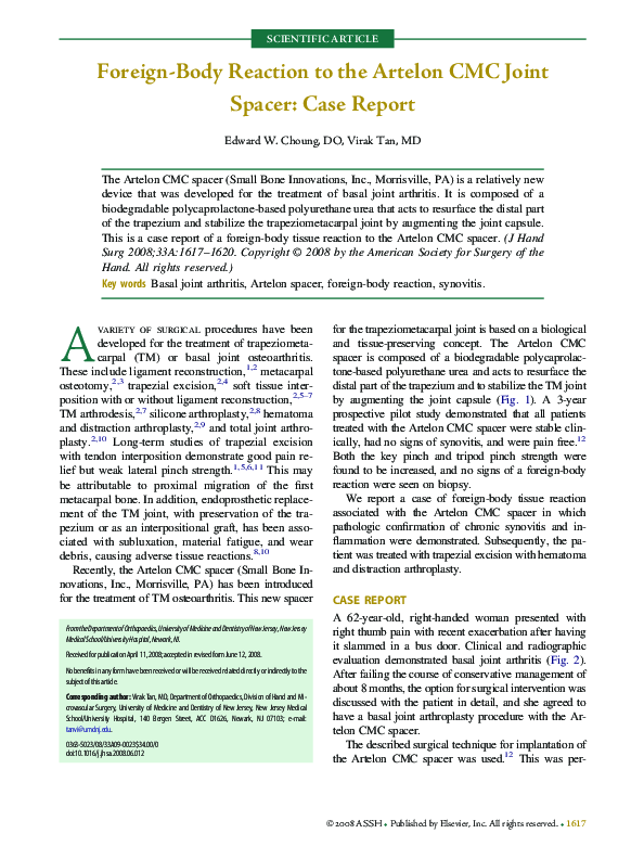 (PDF) Foreign-Body Reaction to the Artelon CMC Joint Spacer: Case Report