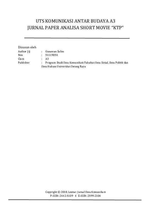 (DOC) UTS KOMUNIKASI ANTAR BUDAYA A3 JURNAL PAPER ANALISA SHORT MOVIE "KTP"
