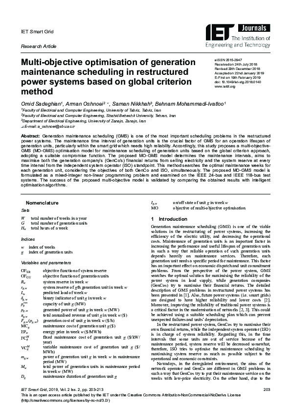 Pdf Multi Objective Optimization Of Generation Maintenance Scheduling
