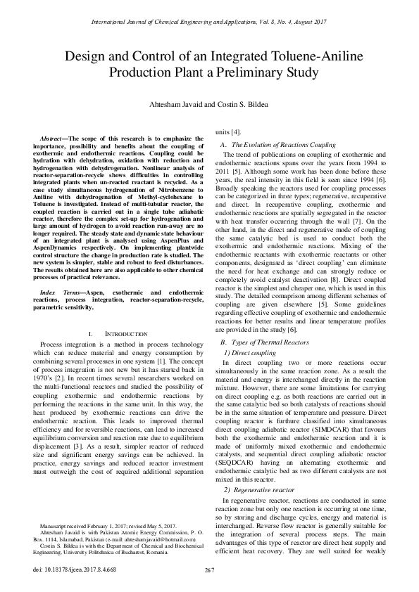 (PDF) Design and Control of an Integrated Toluene-Aniline Production ...