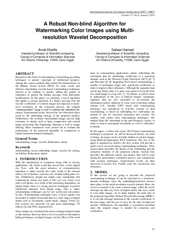 (PDF) A Robust non-Blind Algorithm for Watermarking Color Images using Multi-resolution Wavelet ...