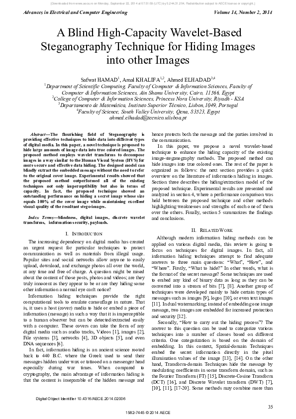 (PDF) A Blind High-Capacity Wavelet-Based Steganography Technique for Hiding Images into other ...