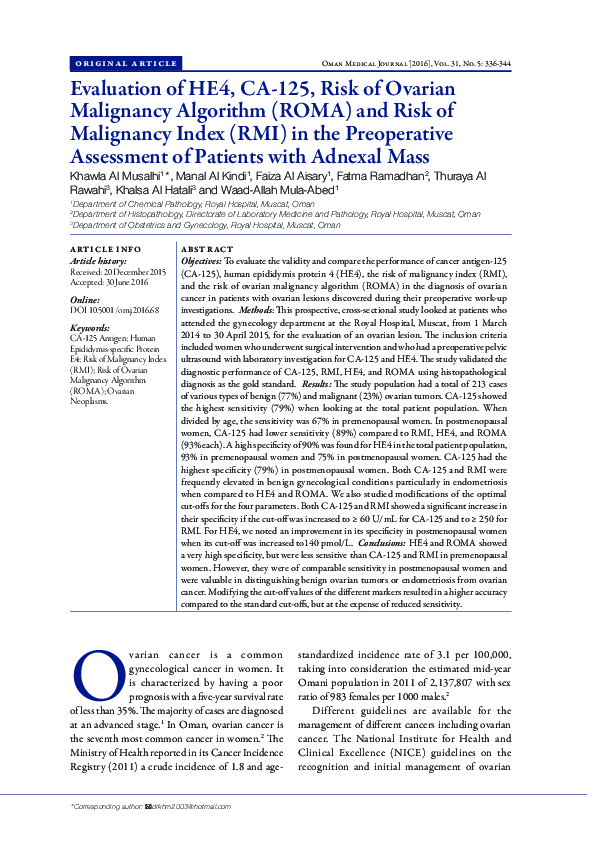 (PDF) Management and Outcome of Ovarian Pathologies - A prospective study | Anila Ansar ...