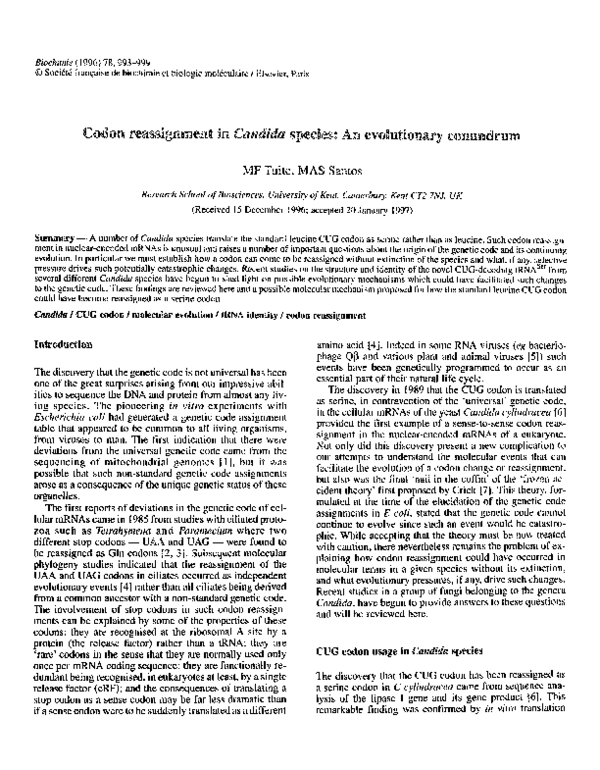 (PDF) Codon reassignment in Candida species: An evolutionary conundrum