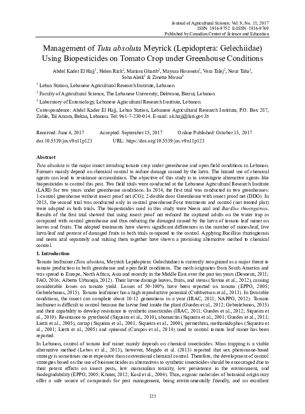 (PDF) Management of Tuta absoluta Meyrick (Lepidoptera: Gelechiidae) Using Biopesticides on ...