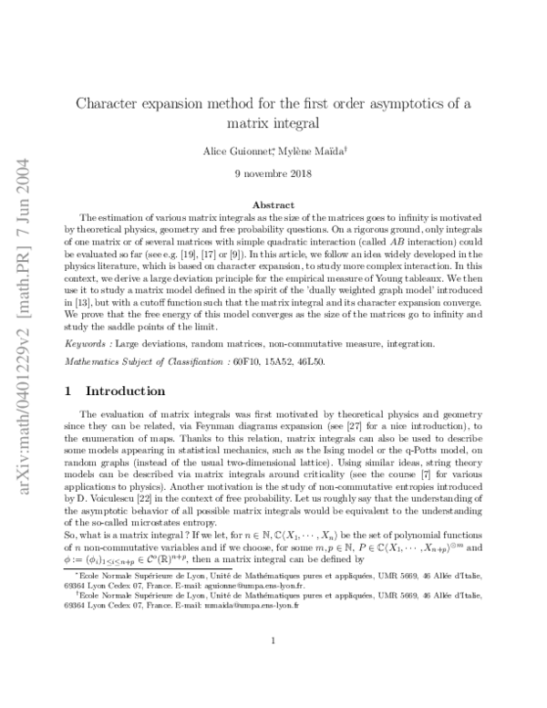 (PDF) Character expansion method for the first order asymptotics of a matrix integral