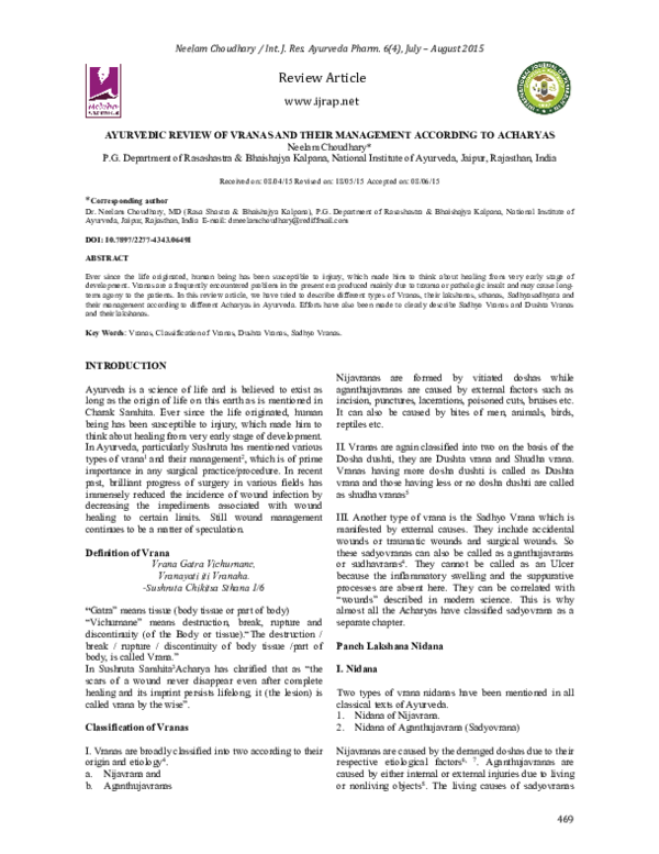 (PDF) Ayurvedic Review of Vranas and Their Management According to Acharyas