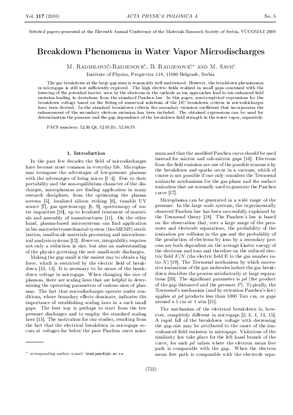 (PDF) Breakdown Phenomena in Water Vapor Microdischarges